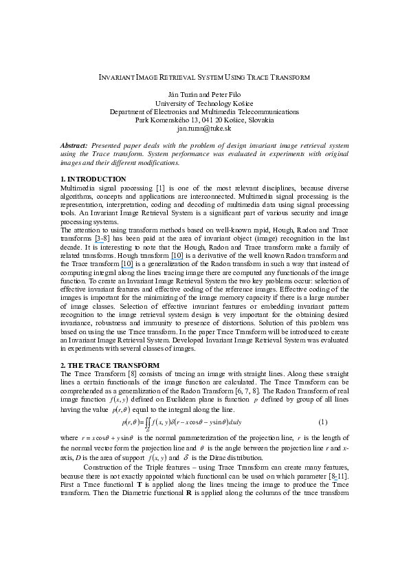 (PDF) Invariant Image Retrieval System Using Trace Transform