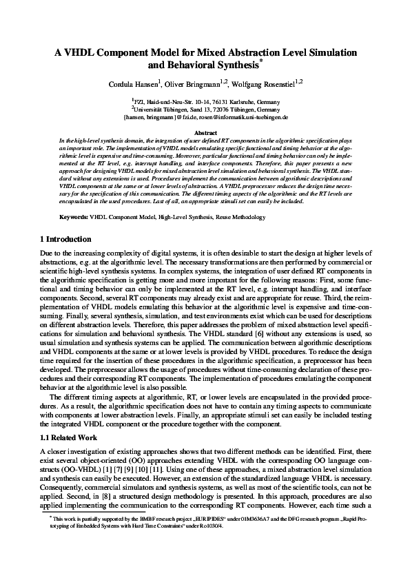 Pdf A Vhdl Component Model For Mixed Abstraction Level Simulation And Behavioral Synthesis