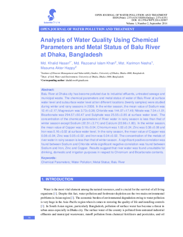 (PDF) Analysis of Water Quality Using Chemical Parameters and Metal ...