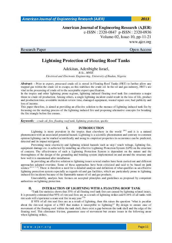 (PDF) Lightning Protection of Floating Roof Tanks