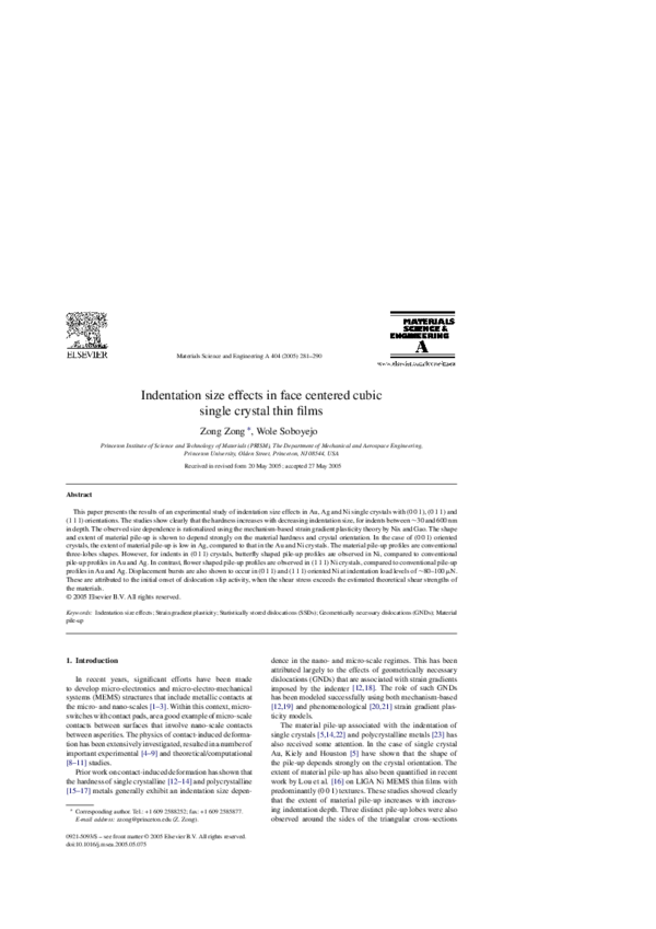 (PDF) Indentation size effects in face centered cubic single crystal ...