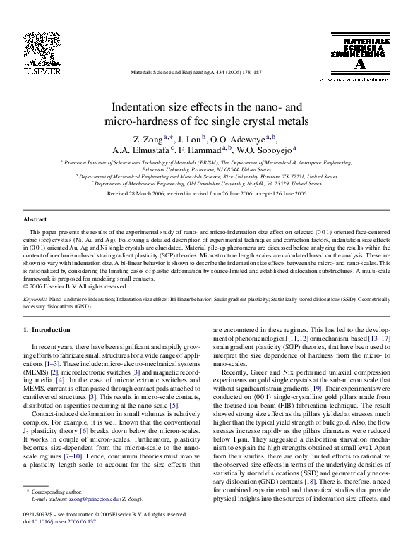 (PDF) Indentation size effects in the nano- and micro-hardness of fcc single crystal metals