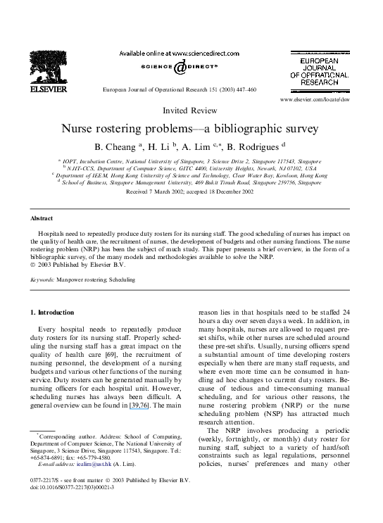 (PDF) Nurse rostering problems - a bibliographic survey