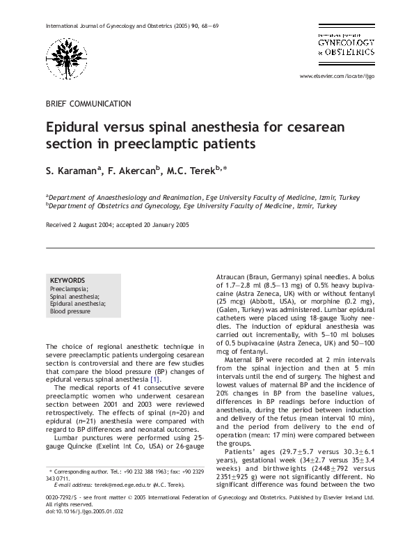 (PDF) Epidural versus spinal anesthesia for cesarean section in ...