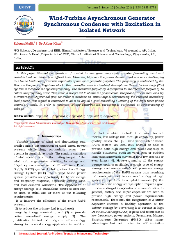 Pdf Wind Turbine Asynchronous Generator Synchronous Condenser With Excitation In Isolated Network