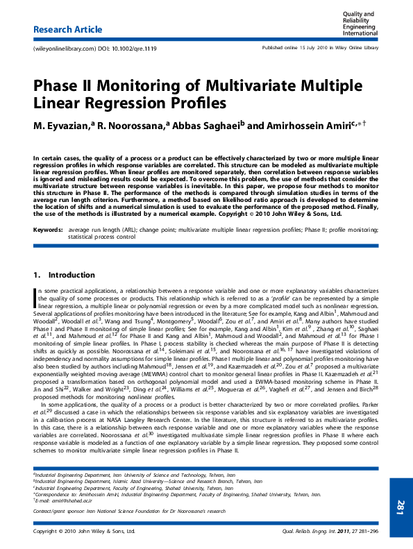 (PDF) Phase II monitoring of multivariate multiple linear regression ... (PDF) Phase II monitoring of multivariate multiple linear regression ...