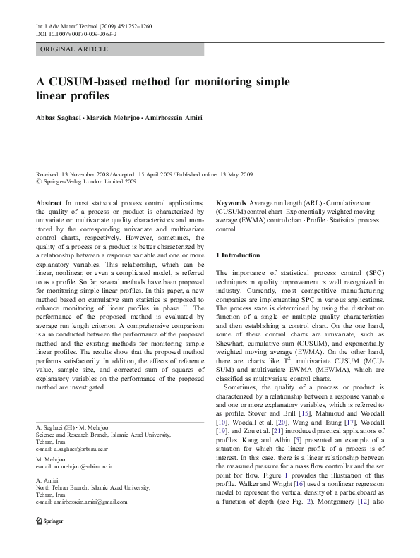 Pdf A Cusum Based Method For Monitoring Simple Linear Profiles