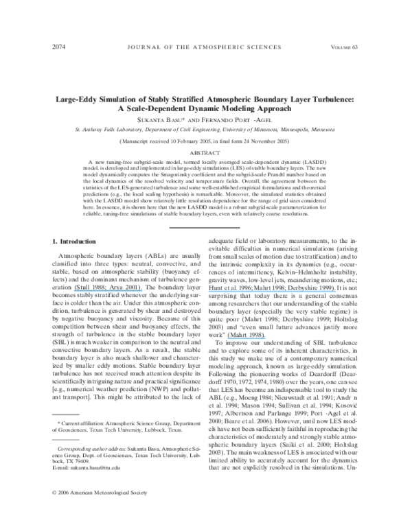 (PDF) Large-Eddy Simulation of Stably Stratified Atmospheric Boundary Layer Turbulence: A Scale ...