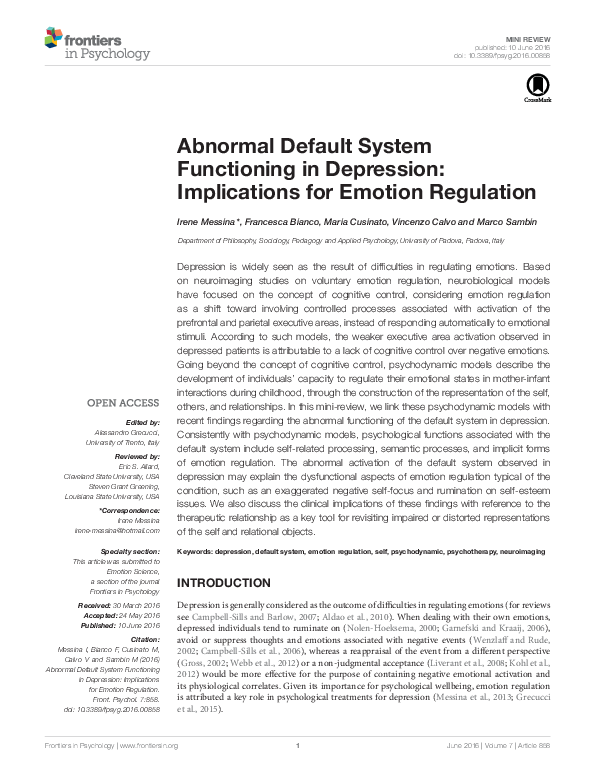 (PDF) Abnormal Default System Functioning in Depression: Implications ...