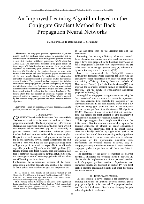 Pdf An Improved Learning Algorithm Based On The Conjugate Gradient Method For Back Propagation 3708