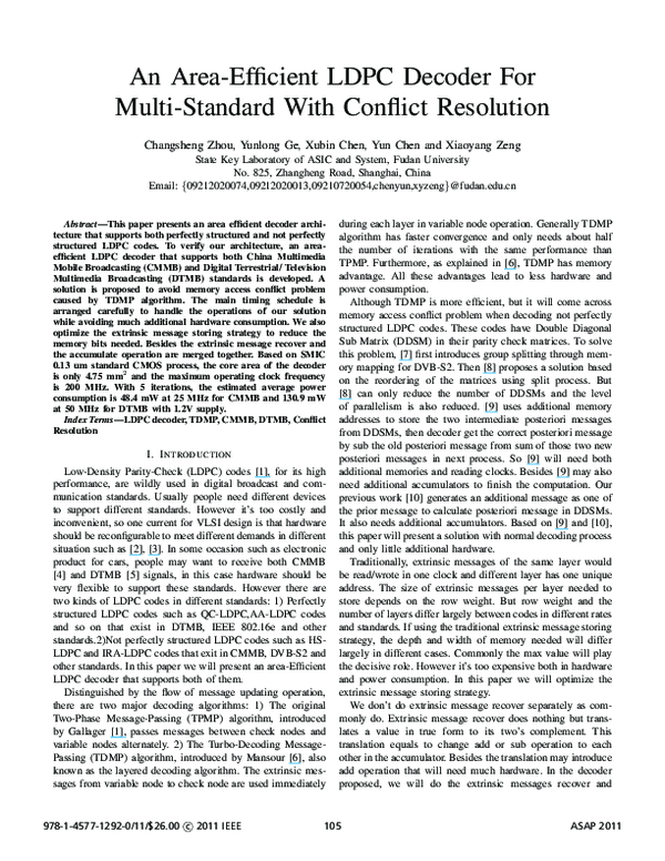 Pdf An Area Efficient Ldpc Decoder For Multi Standard With Conflict Resolution