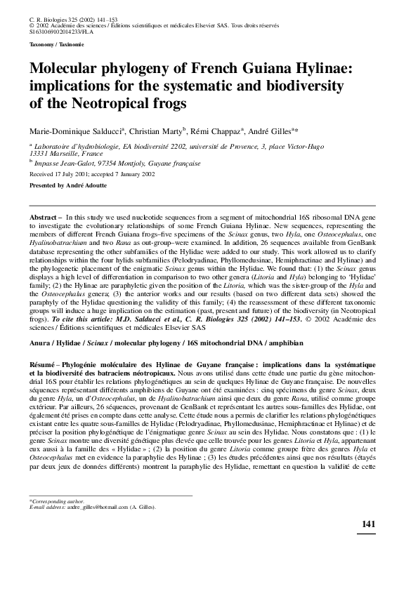 (PDF) Molecular phylogeny of French Guiana Hylinae: implications for ...