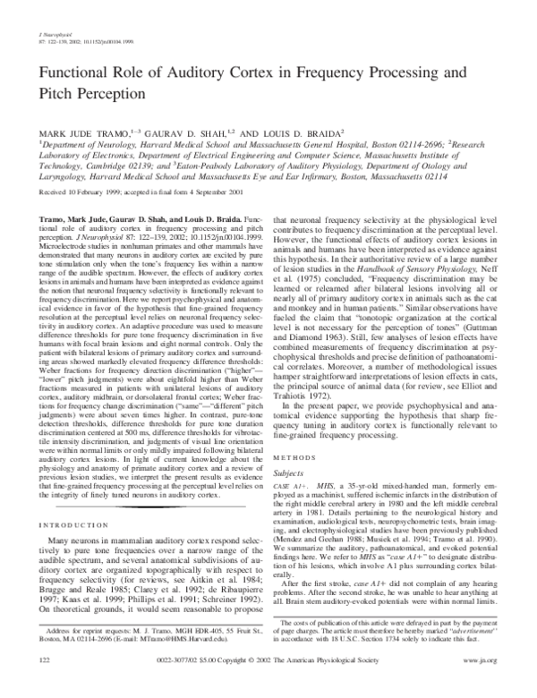 Pdf Functional Role Of Auditory Cortex In Frequency Processing And Pitch Perception