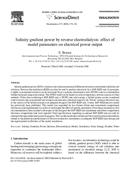 (PDF) Salinity gradient power by reverse electrodialysis: effect of model parameters on ...