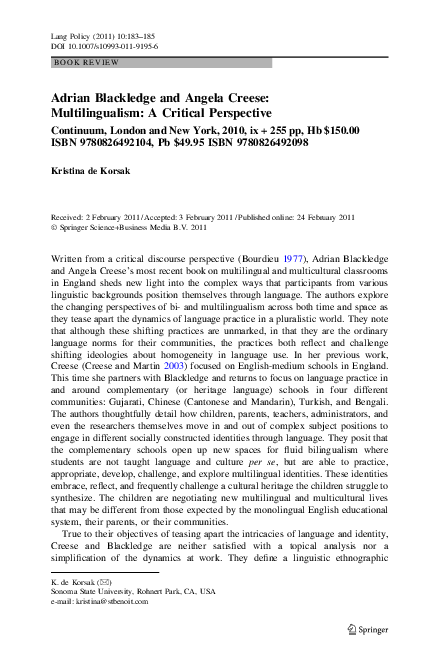 (PDF) Adrian Blackledge and Angela Creese: Multilingualism: A Critical ...