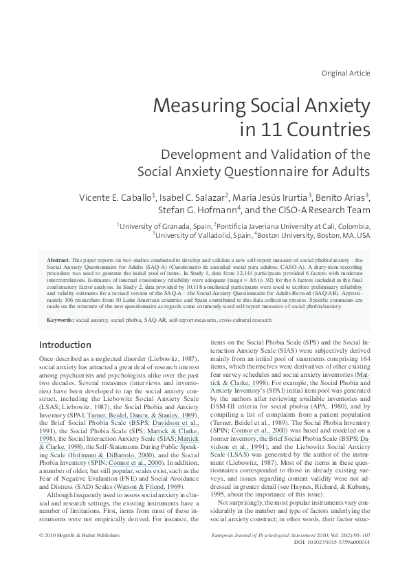 (PDF) Psychometric properties of the social phobia inventory: Further ...