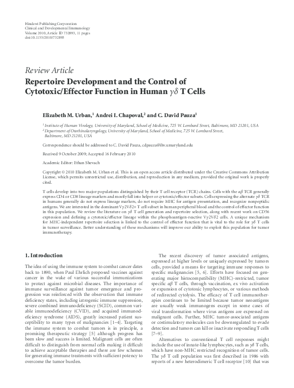 (PDF) Repertoire Development and the Control of Cytotoxic/Effector Function in Human 𝛾𝛿 T Cells