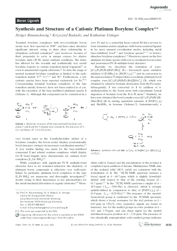 (PDF) Synthesis and Structure of a Cationic Platinum Borylene Complex