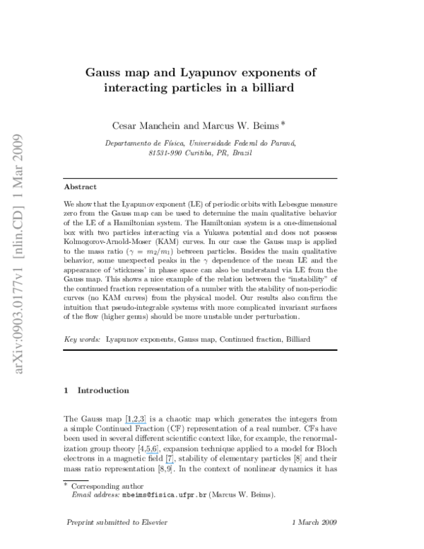 (PDF) Gauss map and Lyapunov exponents of interacting particles in a ...