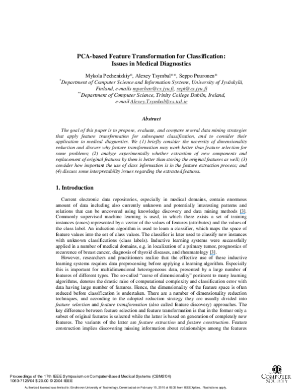 Pdf Pca Based Feature Transformation For Classification Issues In