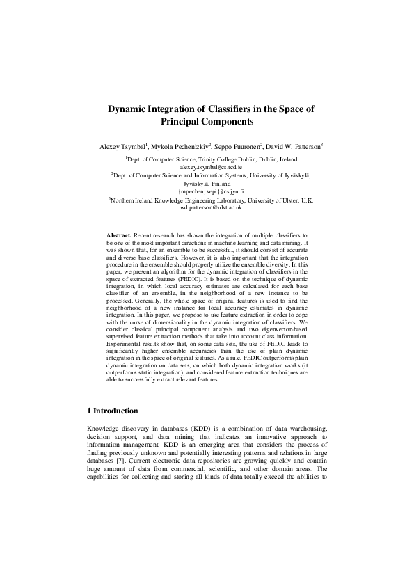 Pdf Dynamic Integration Of Classifiers In The Space Of Principal
