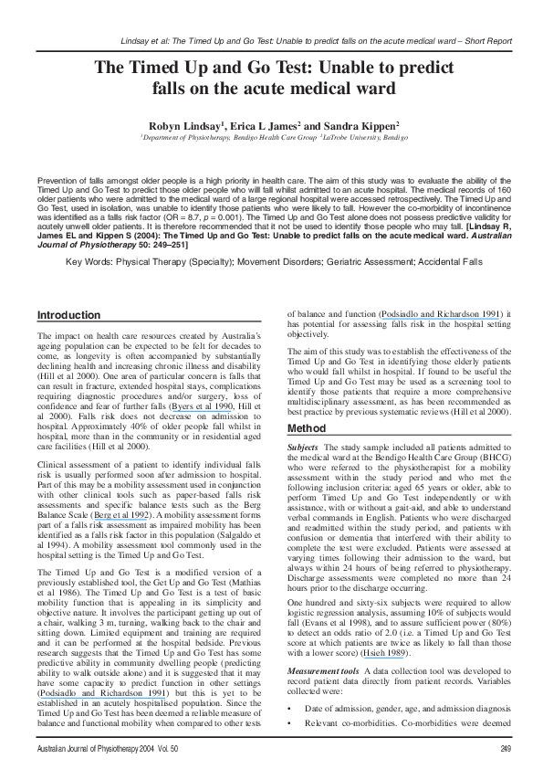(PDF) The Timed Up and Go Test: Unable to predict falls on the acute ...