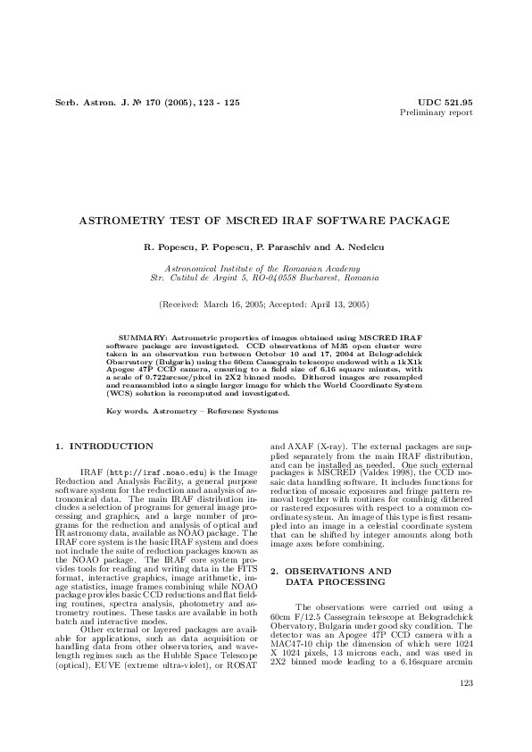 (PDF) Astrometry Test of MSCRED IRAF Software Package