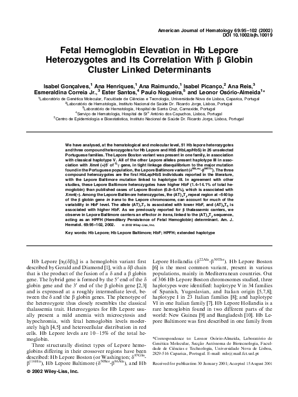 (PDF) Fetal hemoglobin elevation in Hb lepore heterozygotes and its ...