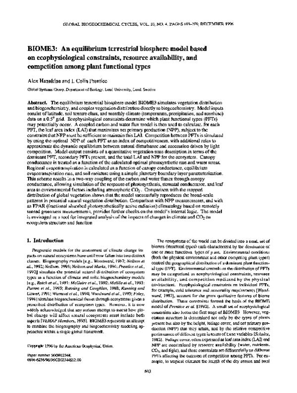 (PDF) BIOME3: An equilibrium terrestrial biosphere model based on ...
