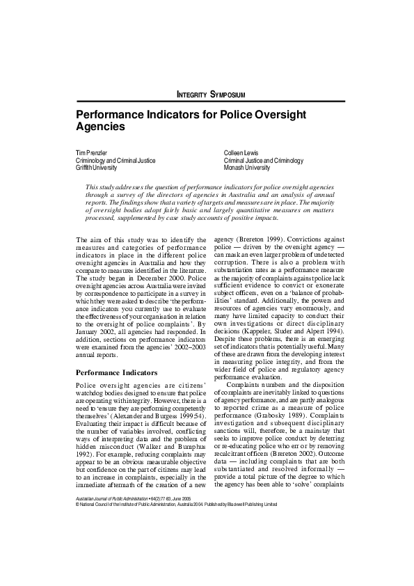 (PDF) Performance Indicators for Police Oversight Agencies