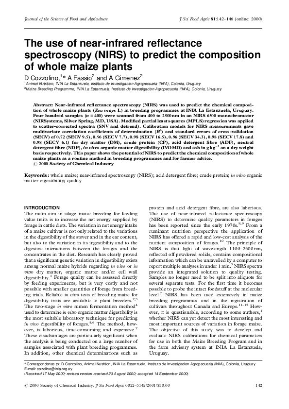 (PDF) The use of near-infrared reflectance spectroscopy (NIRS) to predict the composition of ...