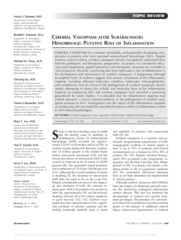 (PDF) Cerebral Vasospasm after Subarachnoid Hemorrhage: Putative Role of Inflammation