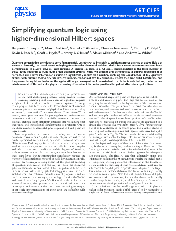 Pdf Simplifying Quantum Logic Using Higher Dimensional Hilbert Spaces