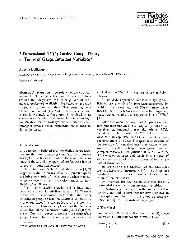 Pdf 3 Dimensional Su 2 Lattice Gauge Theory In Terms Of Gauge