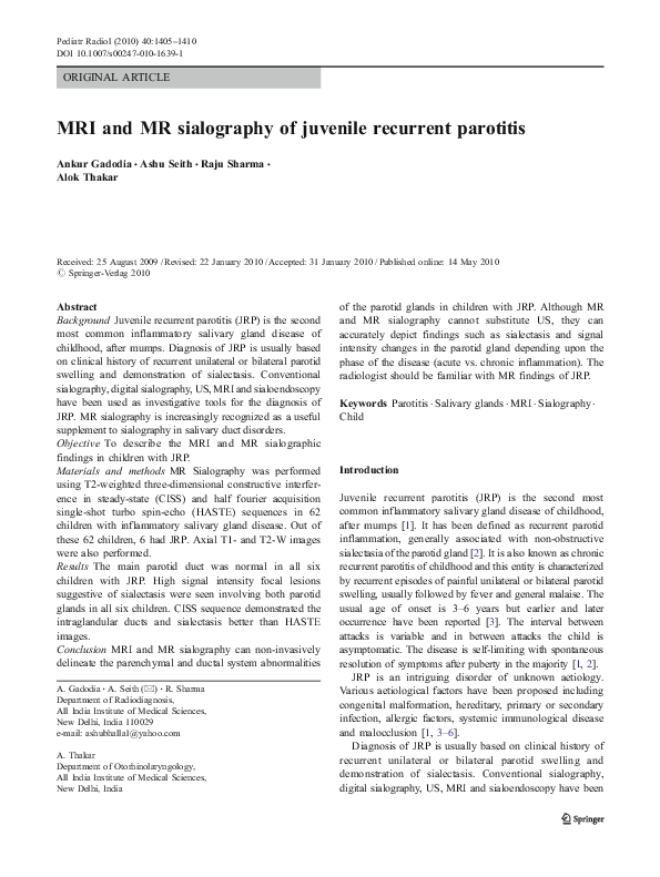 (PDF) MRI and MR sialography of juvenile recurrent parotitis