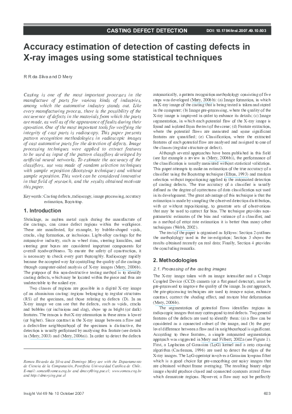 Pdf Accuracy Estimation Of Detection Of Casting Defects In X Ray Images Using Some Statistical