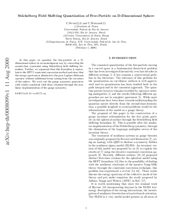 Pdf Stückelberg Field Shifting Quantization Of A Free Particle On A D Dimensional Sphere