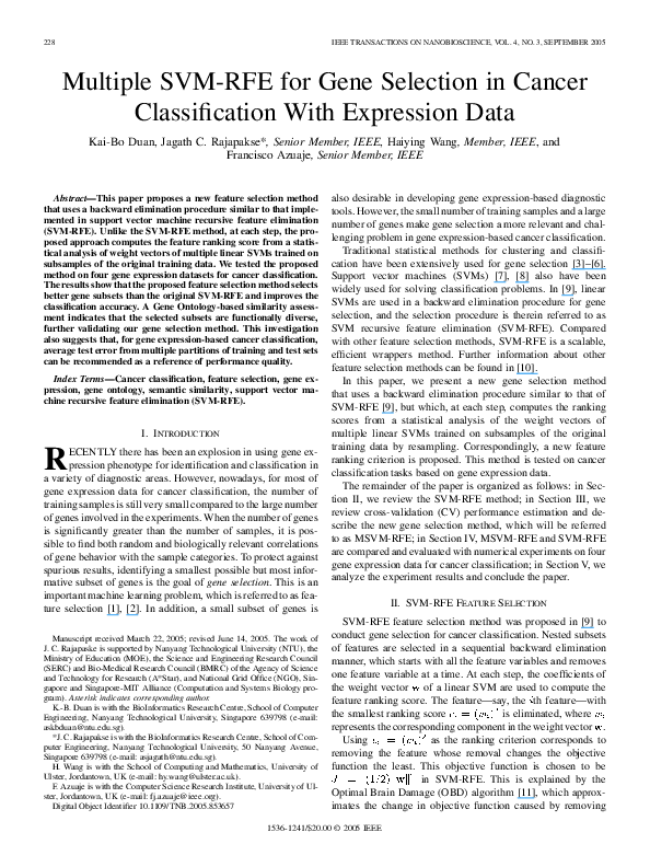 Pdf Multiple Svm Rfe For Gene Selection In Cancer Classification With Expression Data