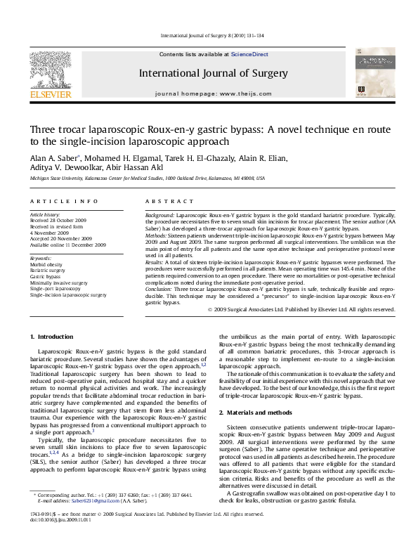 (PDF) Three trocar laparoscopic Roux-en-y gastric bypass: A novel ...