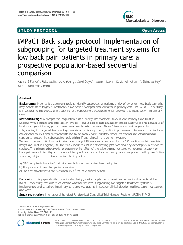 (PDF) IMPaCT Back study protocol. Implementation of subgrouping for ...
