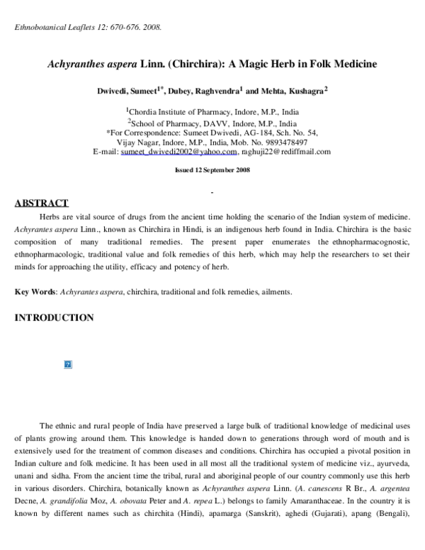 (PDF) Achyranthes aspera Linn. (Chirchira): A Magic Herb in Folk Medicine