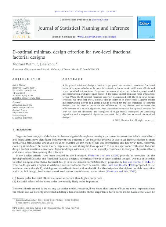 Pdf D Optimal Minimax Design Criterion For Two Level Fractional Factorial Designs Michael