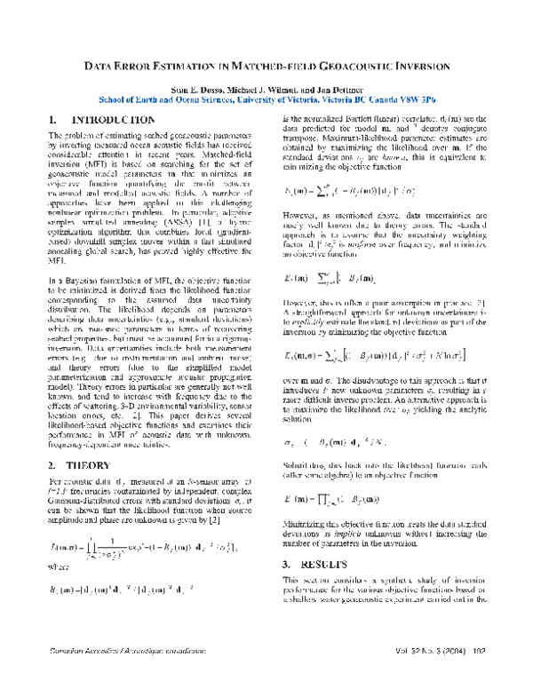 (PDF) Data error estimation for matched-field geoacoustic inversion