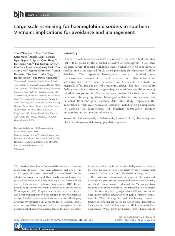 (PDF) Large scale screening for haemoglobin disorders in southern ...