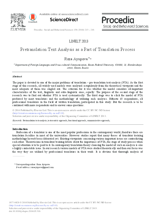 (PDF) Pretranslation Text Analysis as a Part of Translation Process