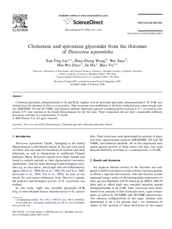 (PDF) Cholestane and spirostane glycosides from the rhizomes of ...