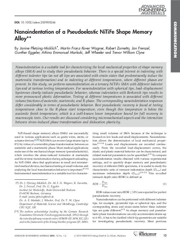 (PDF) Nanoindentation of a Pseudoelastic NiTiFe Shape Memory Alloy