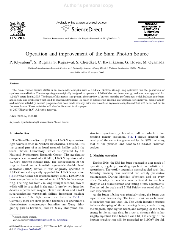 (PDF) Operation and improvement of the Siam Photon Source