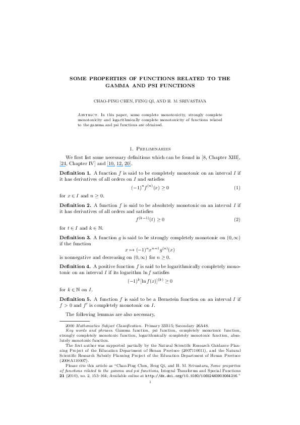 Pdf Some Properties Of Functions Related To The Gamma And Psi Functions