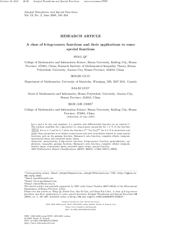 Pdf A Class Of K Log Convex Functions And Their Applications To Some